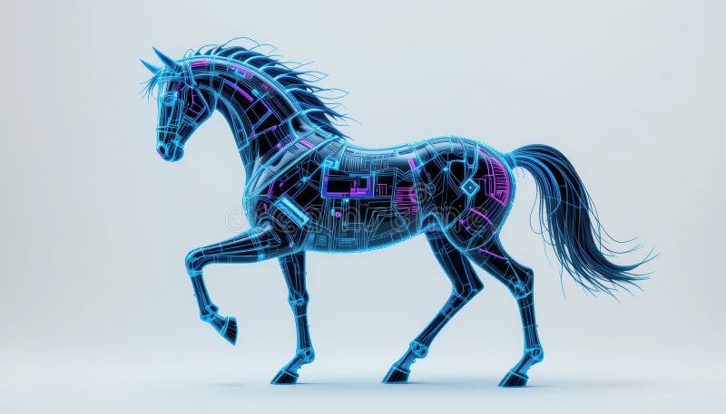 Futuristic Robotic Horse with Glowing Neon Circuits, Standing ...