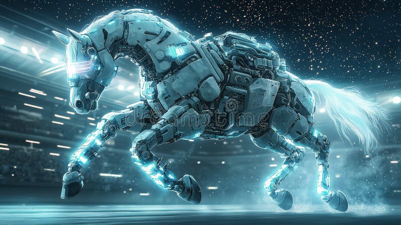 Futuristic Robotic Horse Racing through a Digital Landscape, Showcasing ...