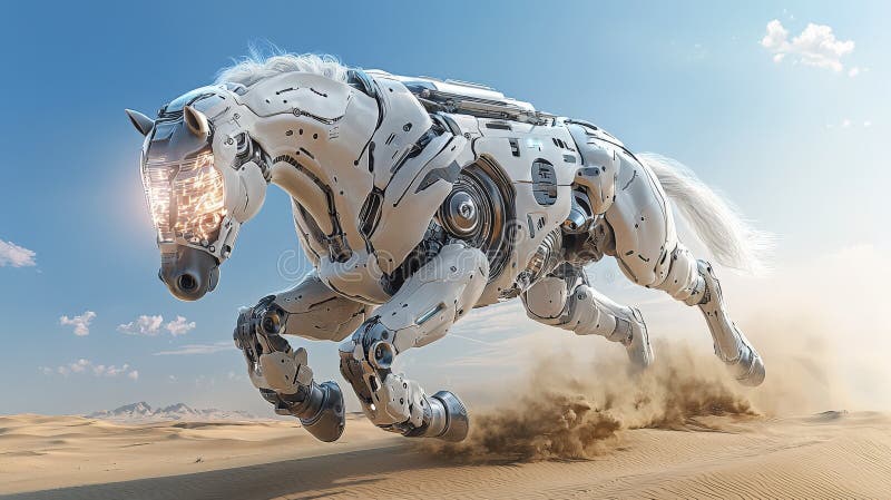 A Futuristic Robotic Horse Running through a Desert, Showcasing Advanced Design and Innovation ...