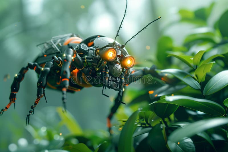 Futuristic Robotic Insect in a Green Forest. Stock Illustration ...