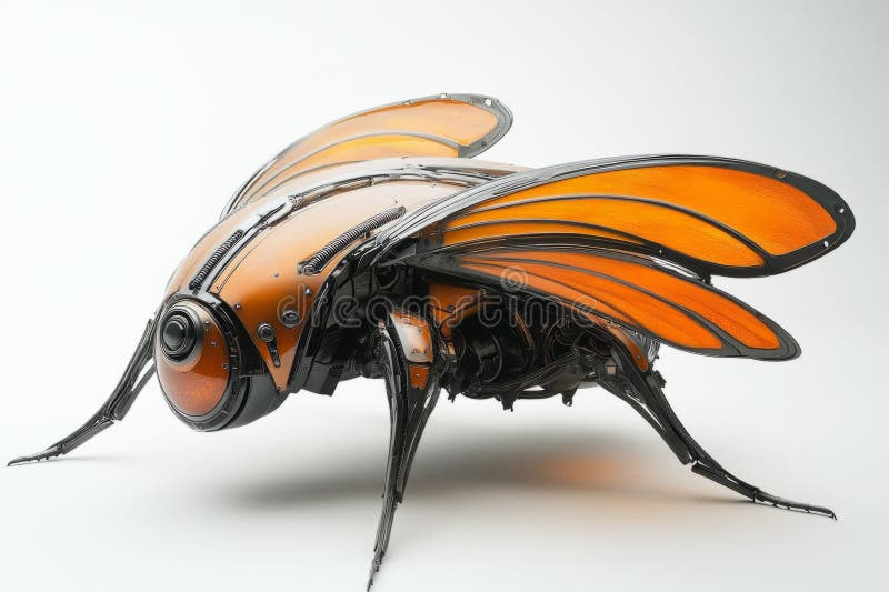 Futuristic Robotic Insect with Orange Wings Standing on a White ...
