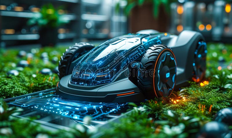Futuristic Robotic Lawn Mower with Advanced Technology Interface ...