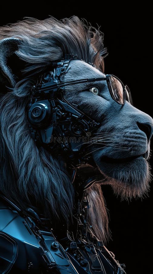 Futuristic Robotic Lion with High-Tech Features and Glasses, Merging ...
