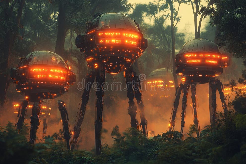 Futuristic Robotic Machines in a Misty Forest Setting with Glowing ...