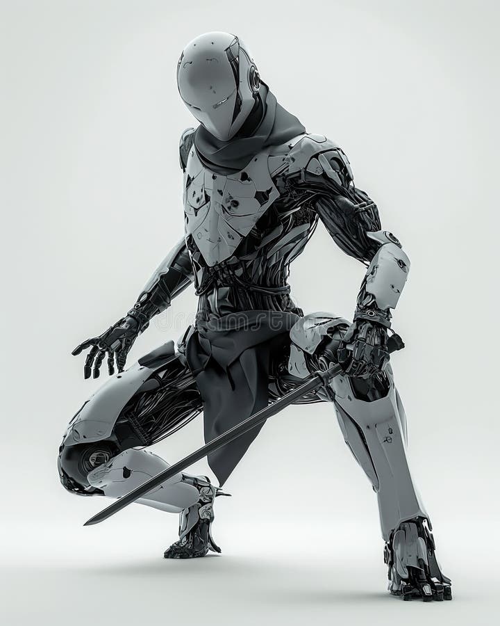 Futuristic Robotic Ninja Cyborg with White Background Stock ...