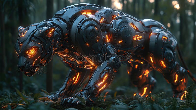 Futuristic Robotic Panther in Dark Forest Stock Illustration ...