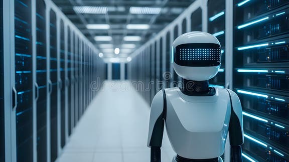Futuristic Robotic Patrol Unit Roaming through High-Tech Data Center ...