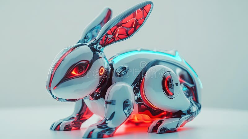 A Futuristic Robotic Rabbit with Sleek Metal Ears and Glowing Neon ...
