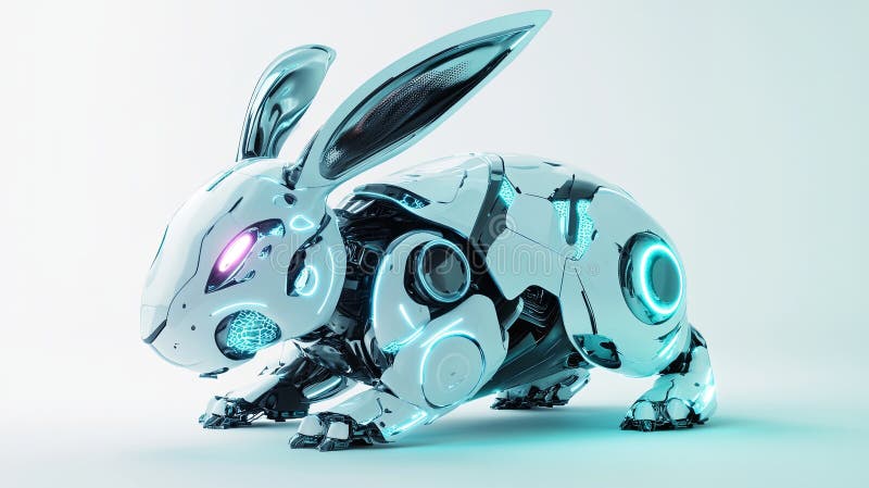 A Futuristic Robotic Rabbit with Sleek Metal Ears and Glowing Neon ...