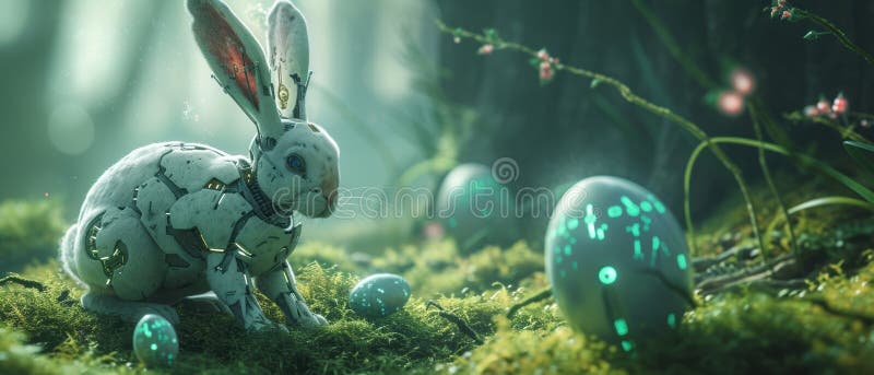 Futuristic Robotic Rabbit Surrounded by Digital Eggs in Enchanted ...