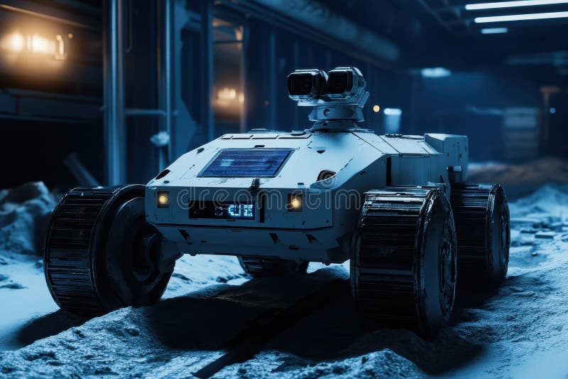 Futuristic Robotic Rover Navigating a Desolate, Illuminated Space ...