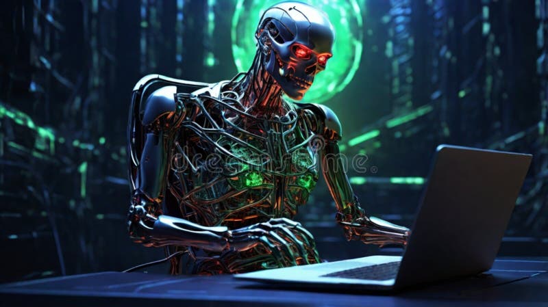 Futuristic Robotic Skeleton with Glowing Eyes Using a Laptop in a High ...