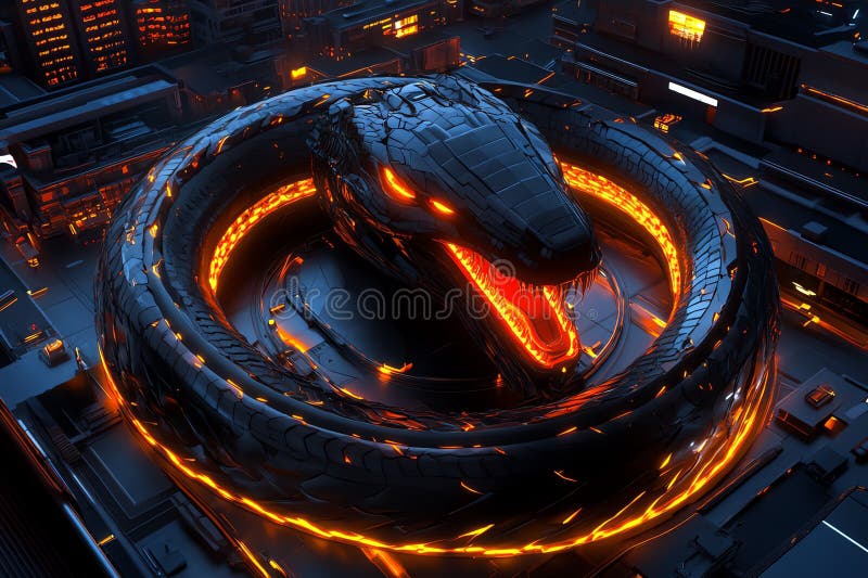 Futuristic Robotic Snake Coiled with Glowing Orange Lights in a High ...
