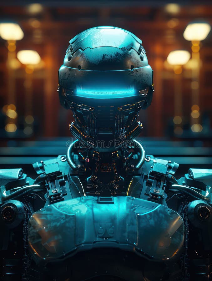 Futuristic Robotic Soldier with Neon Visor in a Dimly Lit Sci Fi ...