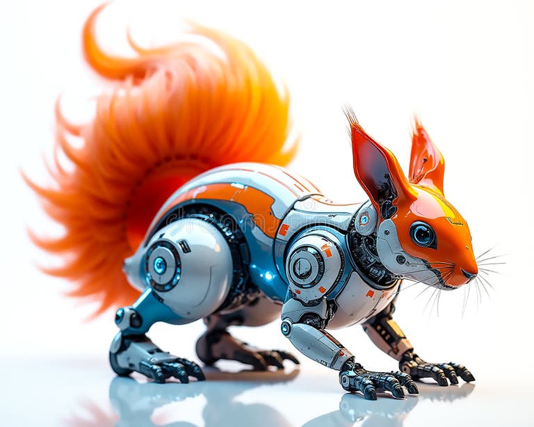 Futuristic Robotic Squirrel with Striking Orange Tail Posing Stock ...
