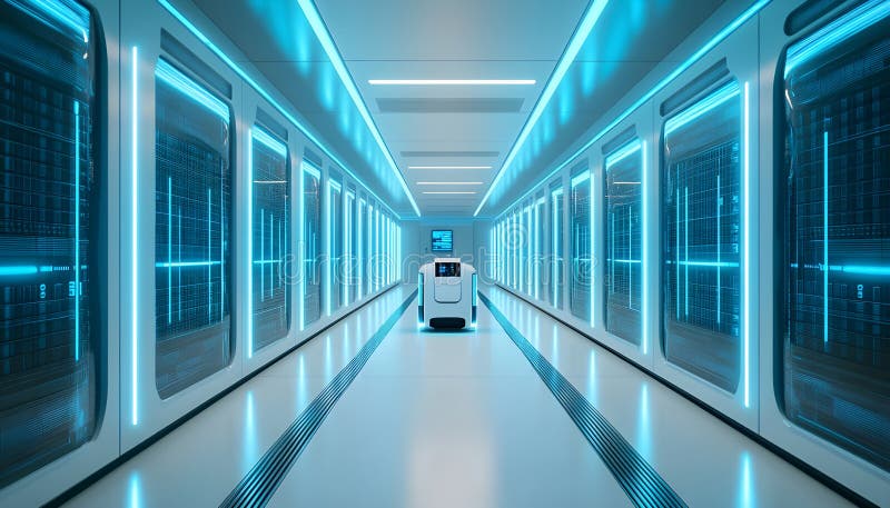 Futuristic Robotic System Navigating a Modern Data Center Corridor Filled with Server Racks ...