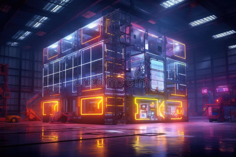 Futuristic Robotic Warehouse with Glowing Lights Stock Illustration ...