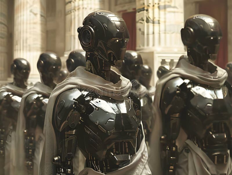 Futuristic Robotic Warriors Battling in an Ancient Temple Setting with ...