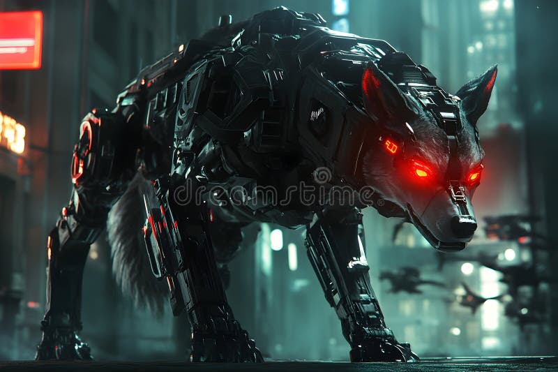 Futuristic Robotic Wolf with Glowing Red Eyes in Neon Cityscape Stock ...