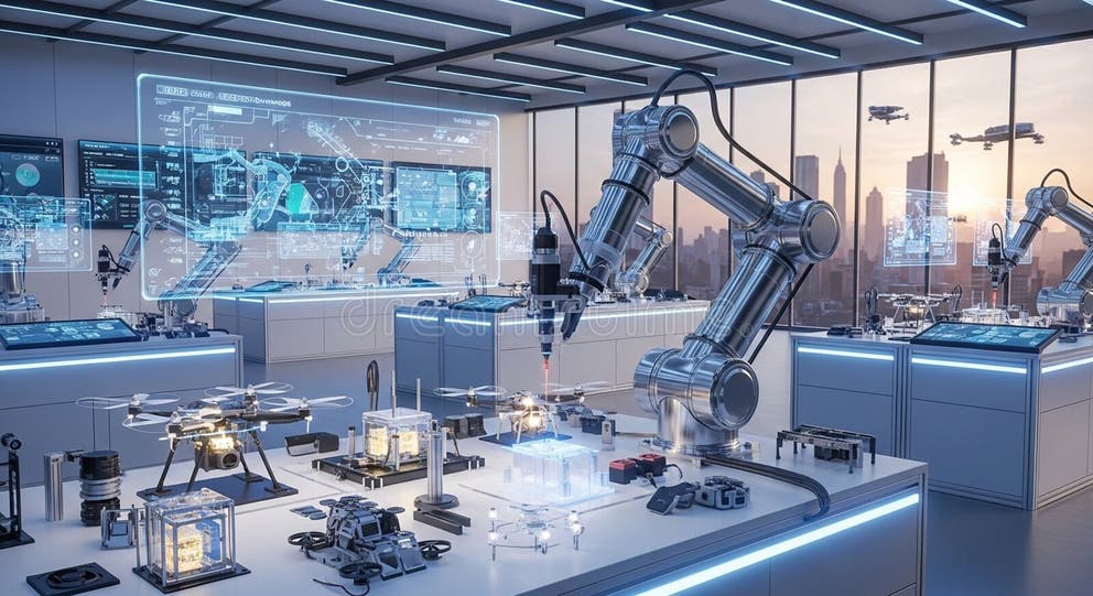 Futuristic Robotics and Drone Development Lab with AI Interfaces Stock ...