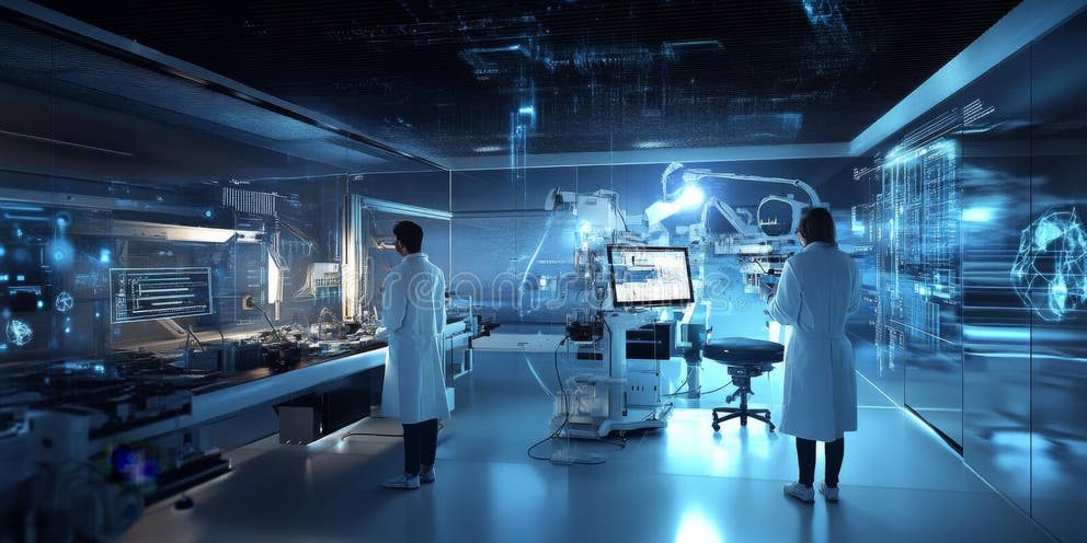 A Futuristic Robotics Lab with Advanced Machines, Glowing Interfaces, and Scientists Observing ...