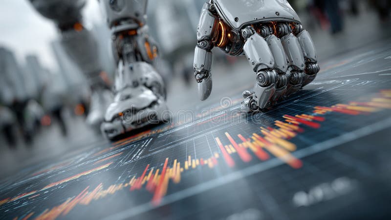 Futuristic Robotics Robotic Hand Interacts Digital Interface Displaying Data Analytics Stock ...