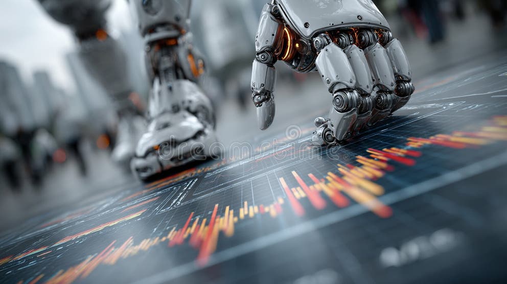 Futuristic Robotics. a Robotic Hand Interacts with a Digital Interface Displaying Data Analytics ...