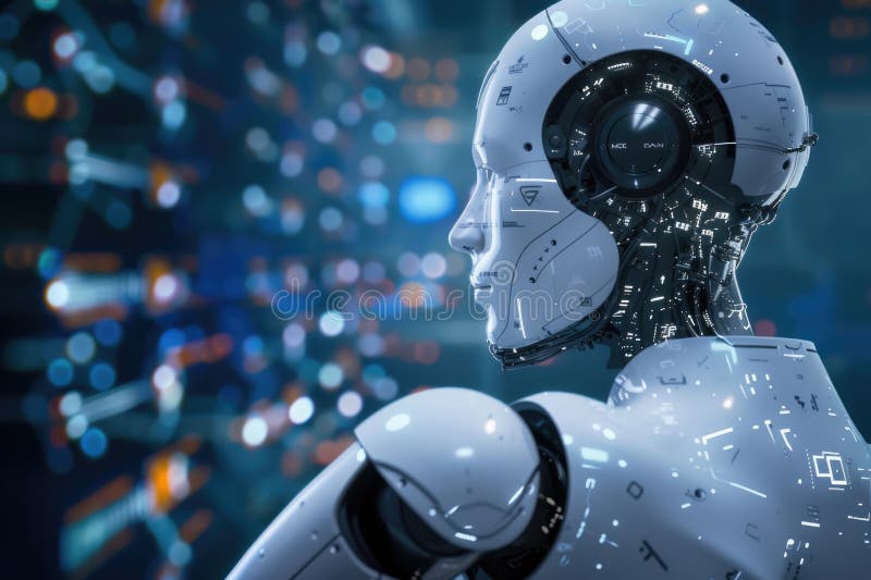 Futuristic Robots are Analyzing Data on Digital Screens in a Hightech ...