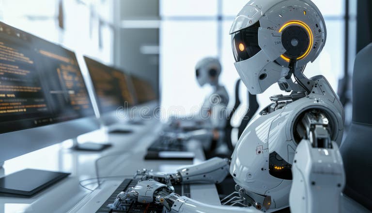 Futuristic Robots with Artificial Intelligence Operating Computers in a High-tech Office ...
