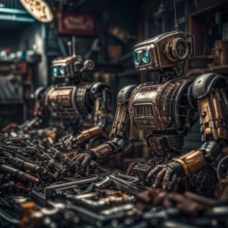 Futuristic Robots Assembling Mechanical Parts in a Dark Workshop Stock ...