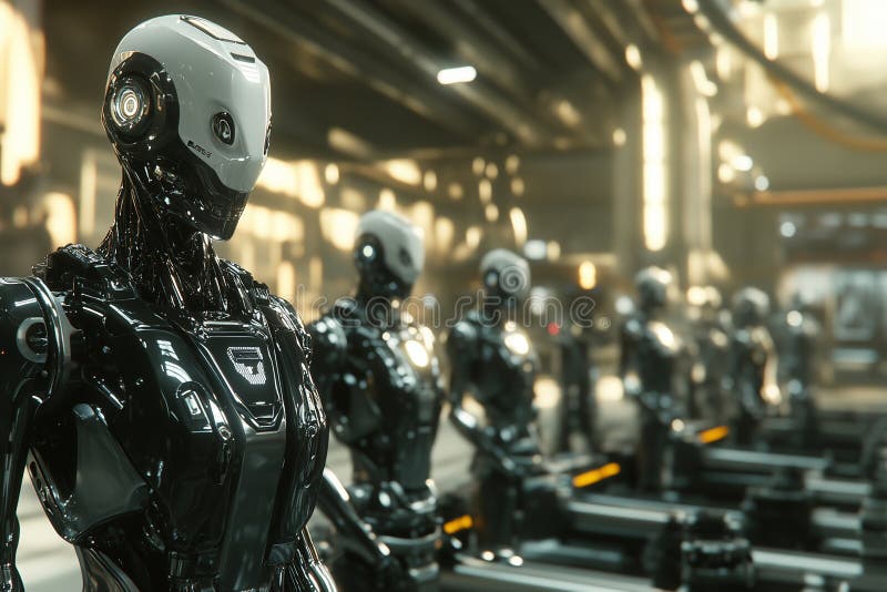 Futuristic Robots in Assembly Line Stock Illustration - Illustration of ...