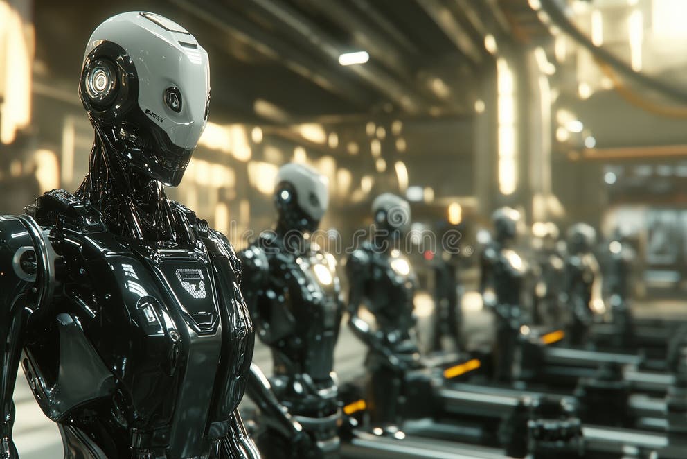 Futuristic Robots in Assembly Line Stock Illustration - Illustration of ...