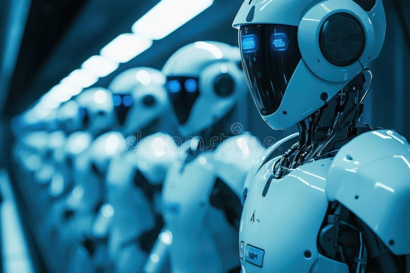 Futuristic Robots with Blue Lights in a High-Tech Environment Stock ...
