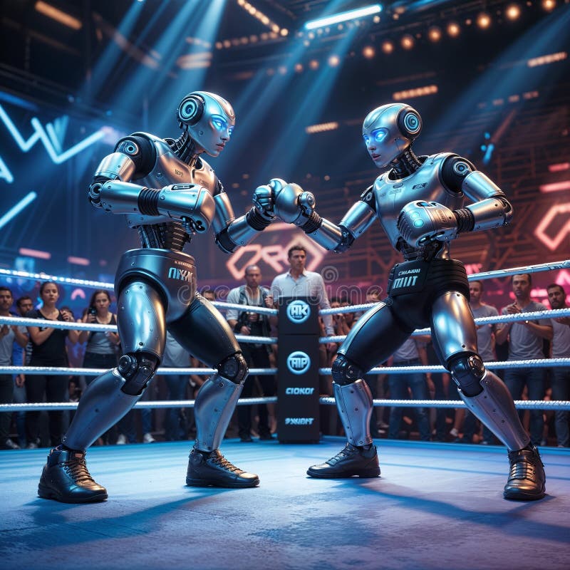 Futuristic Robots Boxing in a High-Tech Ring Stock Illustration ...