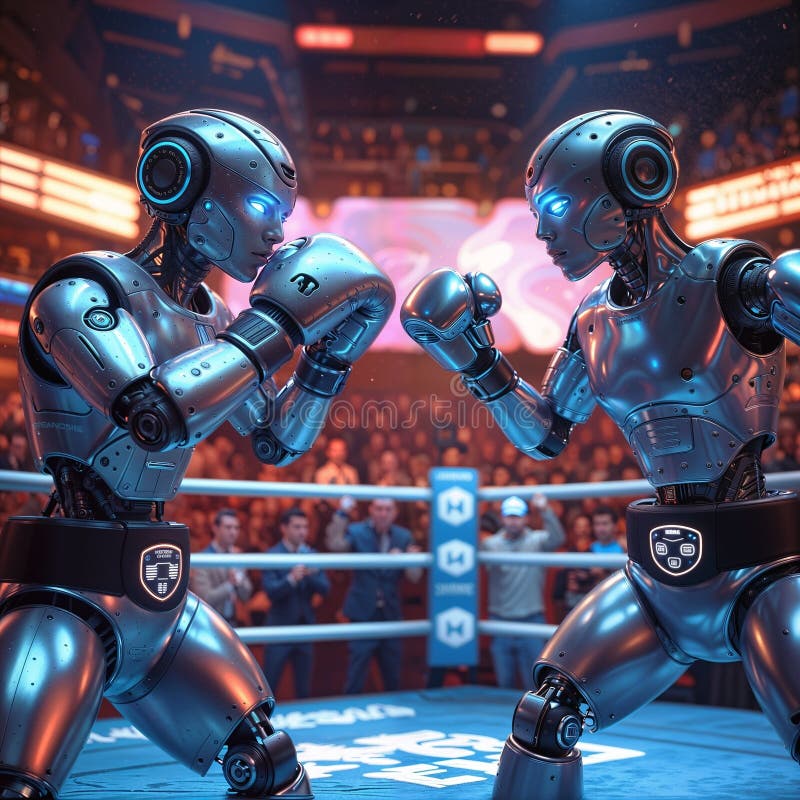 Futuristic Robots Boxing in a High-Tech Ring Stock Illustration ...