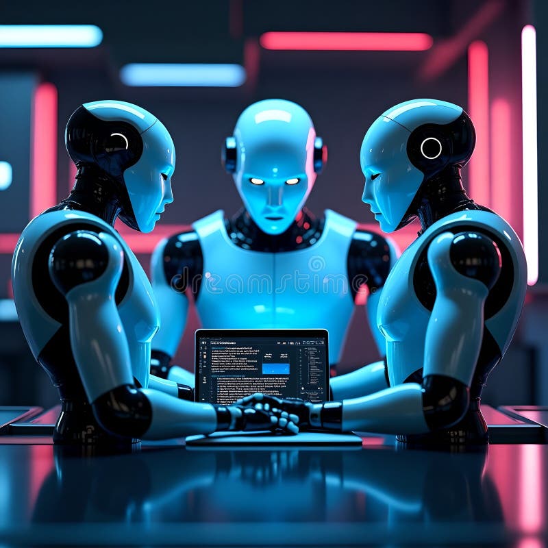 Futuristic Robots Collaborating on Artificial Intelligence Code in High-Tech Neon Lab ...