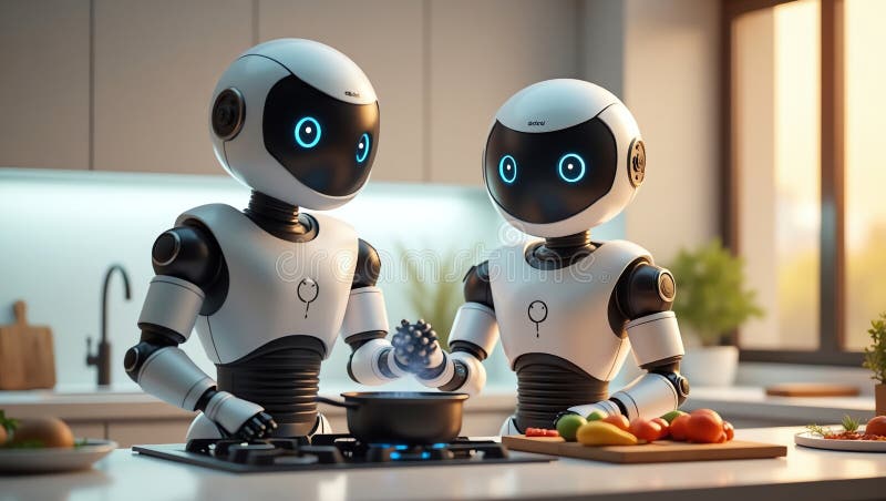 Futuristic Robots Cooking in a Modern Kitchen Stock Illustration ...