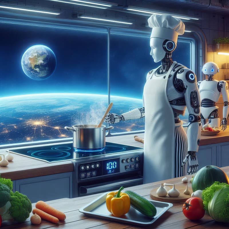 Futuristic Robots Cooking in Space Kitchen with Earth View Stock Image ...