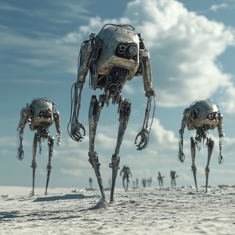Futuristic Robots in Desert Landscape with Dramatic Clouds Stock Photo ...