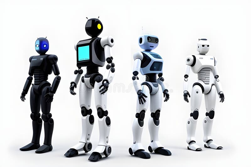 Modern Robots Assisting People - Isolated on White Background ...