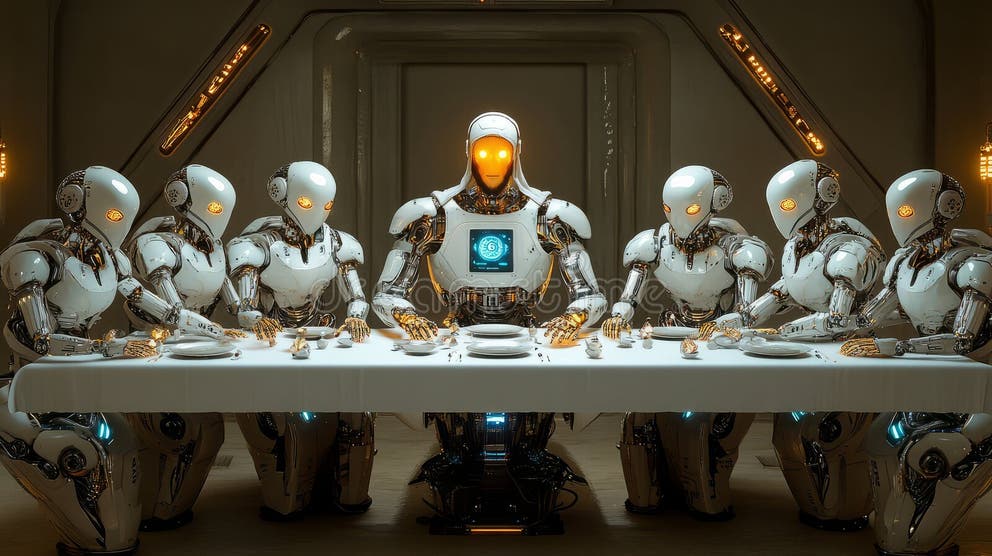 Futuristic Robots Dining Together at a Sleek, Modern Table in a Sci-fi ...