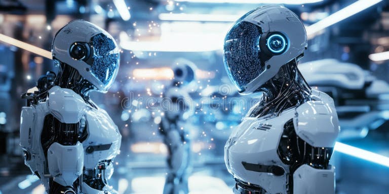 Futuristic Robots Engage in a High-tech Setting. these Humanoid Figures ...