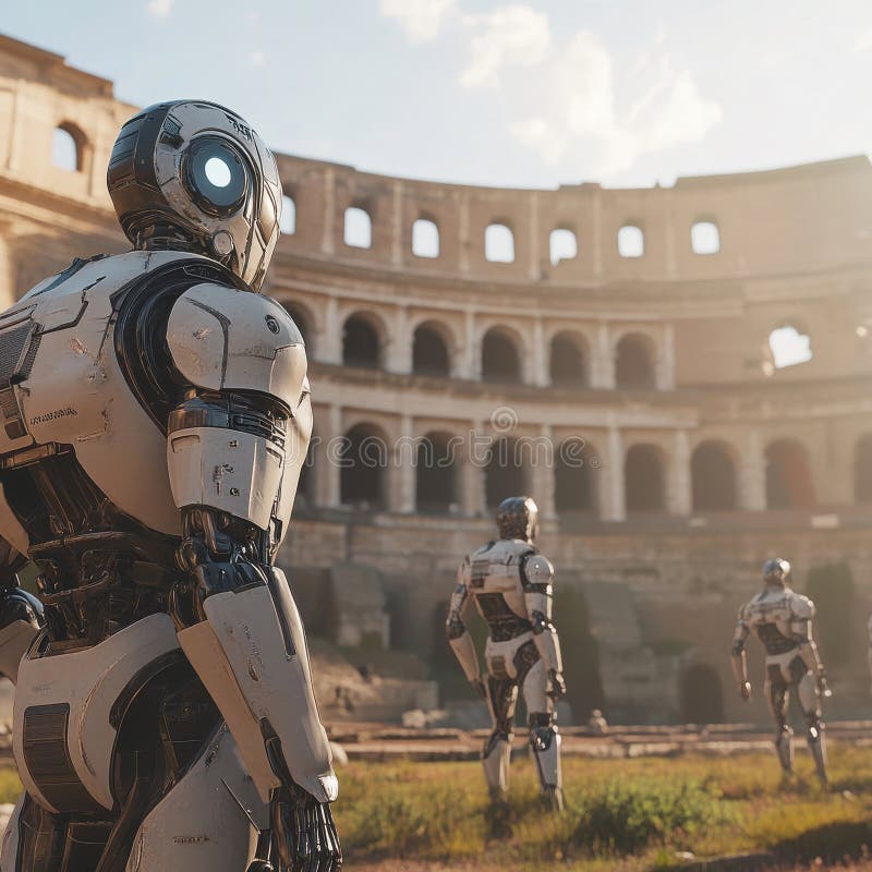 Futuristic Robots Exploring Ancient Roman Coliseum Ruins at Sunset ...