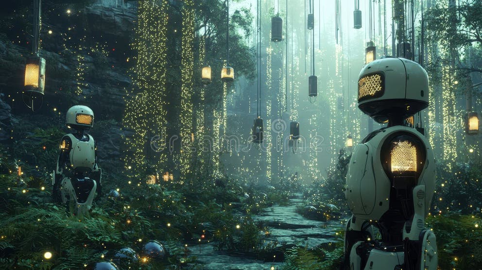 Futuristic Robots in a Glowing Forest with Floating Lanterns Stock ...