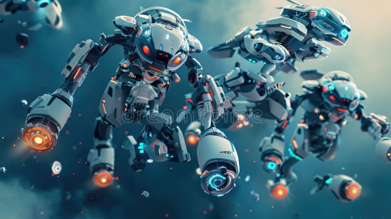 Futuristic Robots with Glowing Lights in a Blue Atmosphere Stock ...