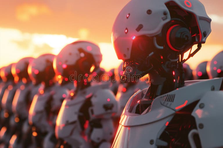 Futuristic Robots with Glowing Red Lights at Sunset. Stock Illustration ...