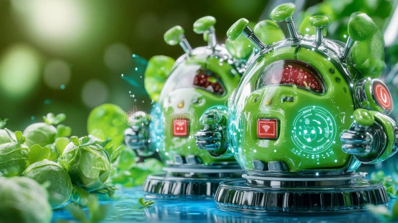 Futuristic Robots with Green Designs, Equipped with Sensors, Surrounded ...