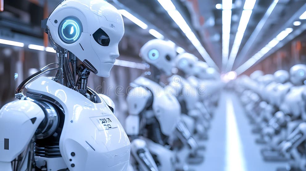 Futuristic Robots in a High-Tech Assembly Line Setting Stock Image ...