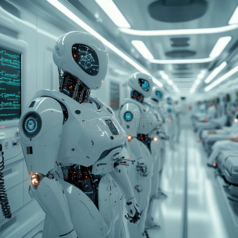 Futuristic Robots in a High-Tech Laboratory Environment Stock Image ...
