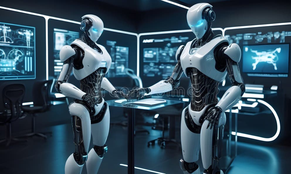 Futuristic Robots in High-Tech Workspace AI Generated Stock Image - Image of office ...